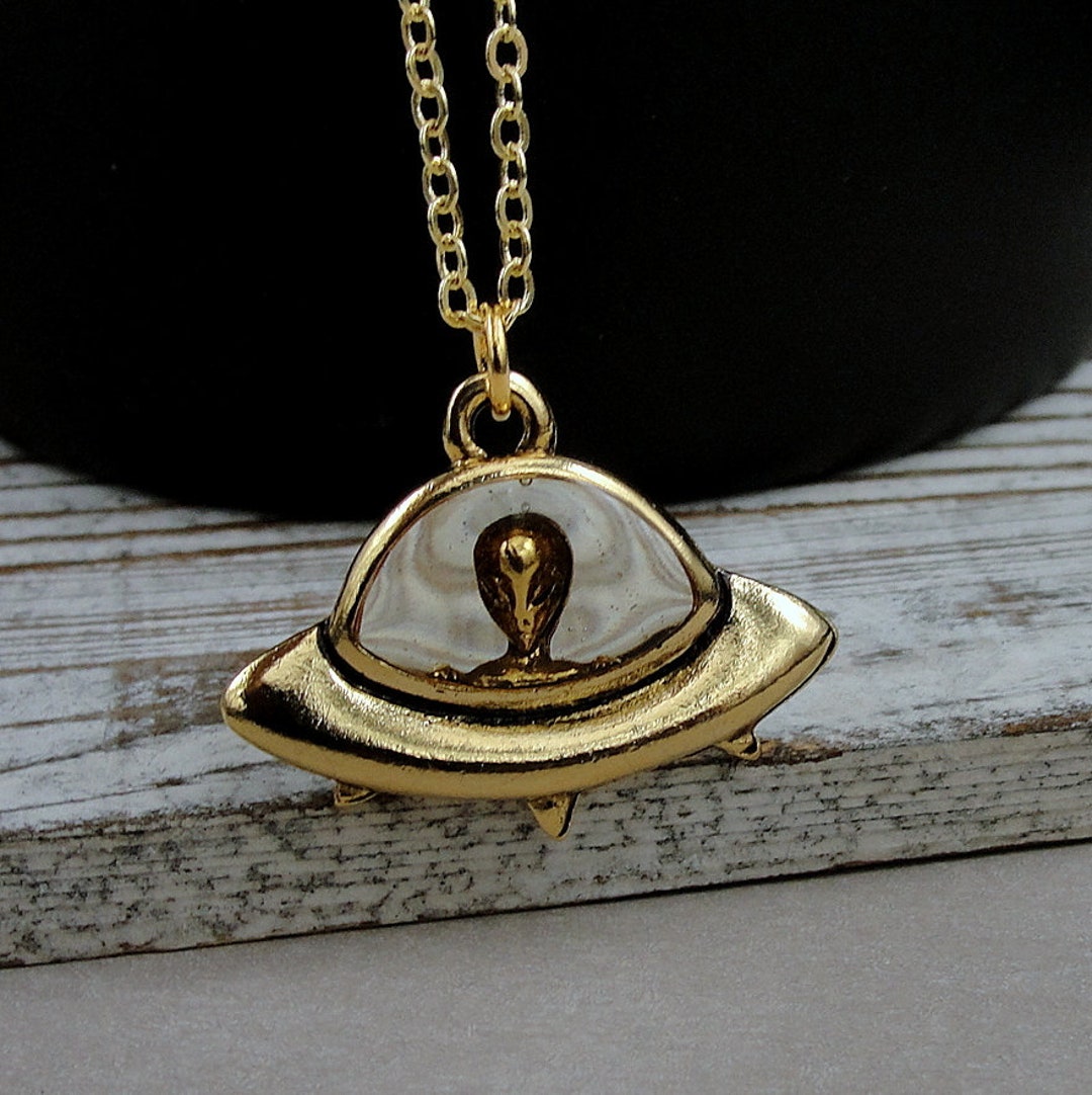 UFO Spaceship Alien Necklace, Gold UFO Charm Necklace, Gold Spaceship ...