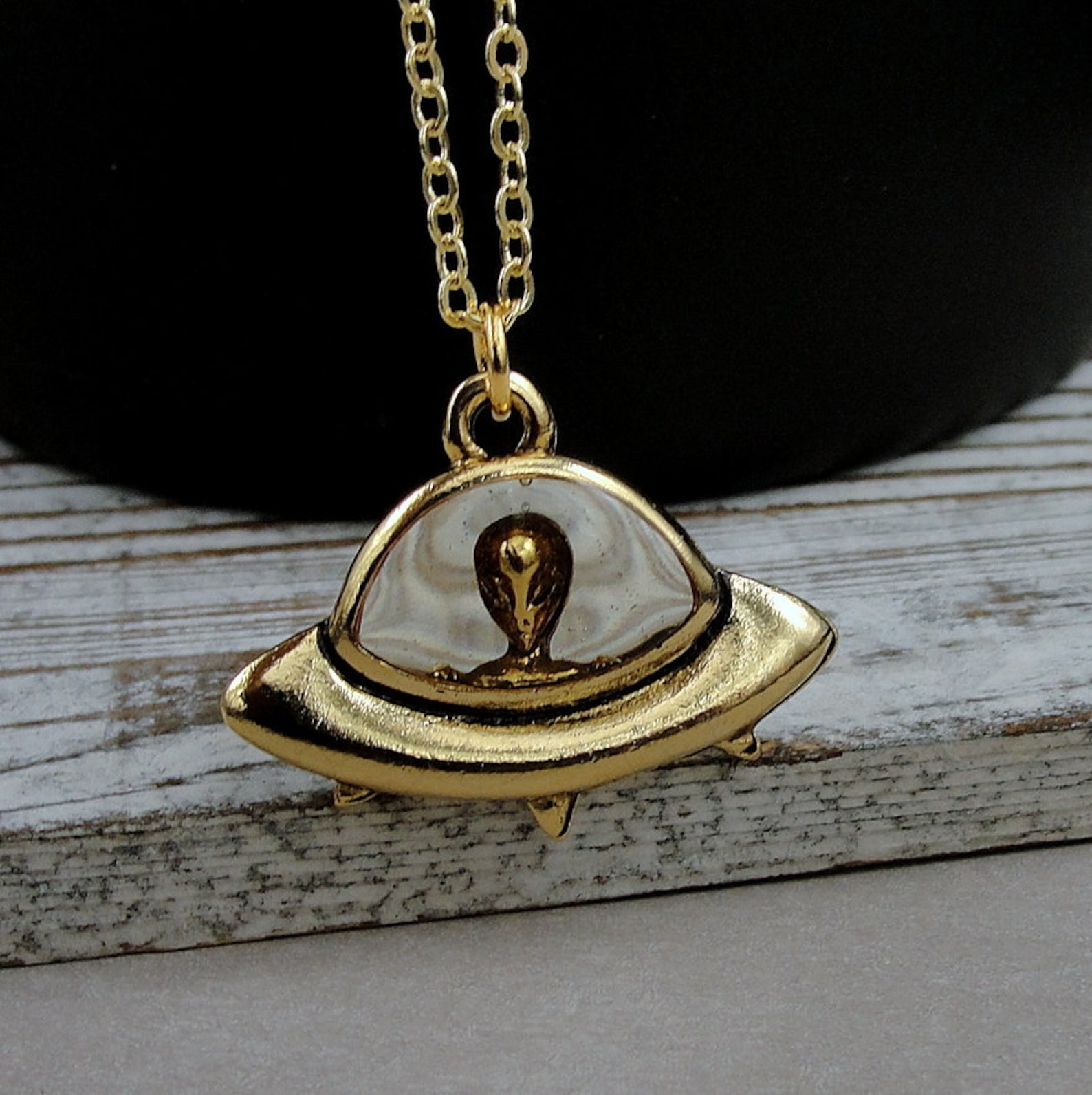 UFO Spaceship Alien Necklace, Gold UFO Charm Necklace, Gold Spaceship ...