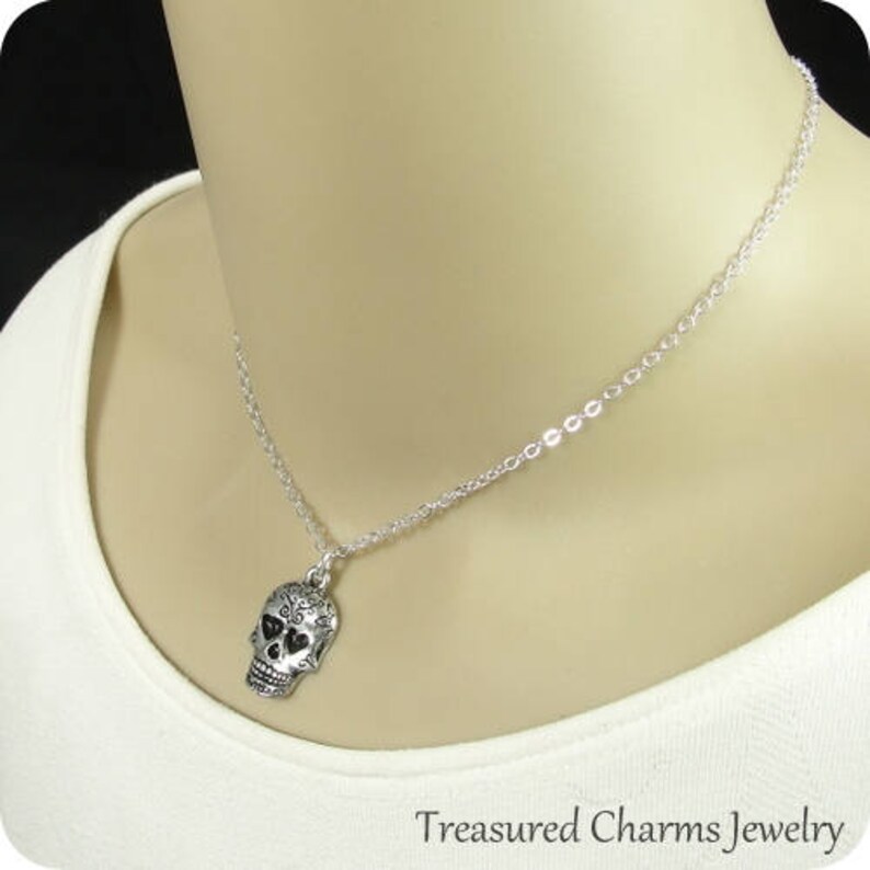 Sugar Skull Necklace Silver Sugar Skull Charm on a Silver - Etsy