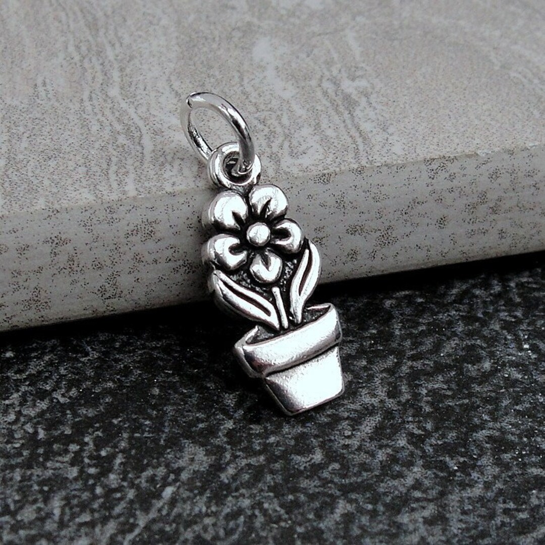 Flower Pot Charm, Sterling Silver Flower Charm for Necklace or Bracelet ...