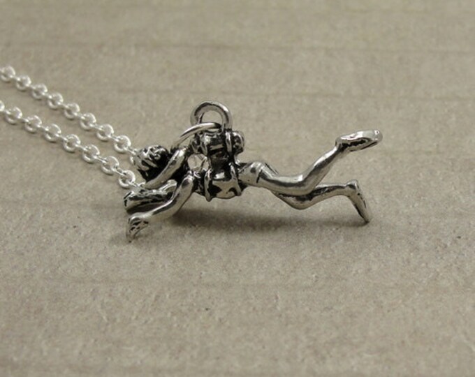 Scuba Diver Necklace, Silver Scuba Diver Charm on a Silver Cable Chain ...