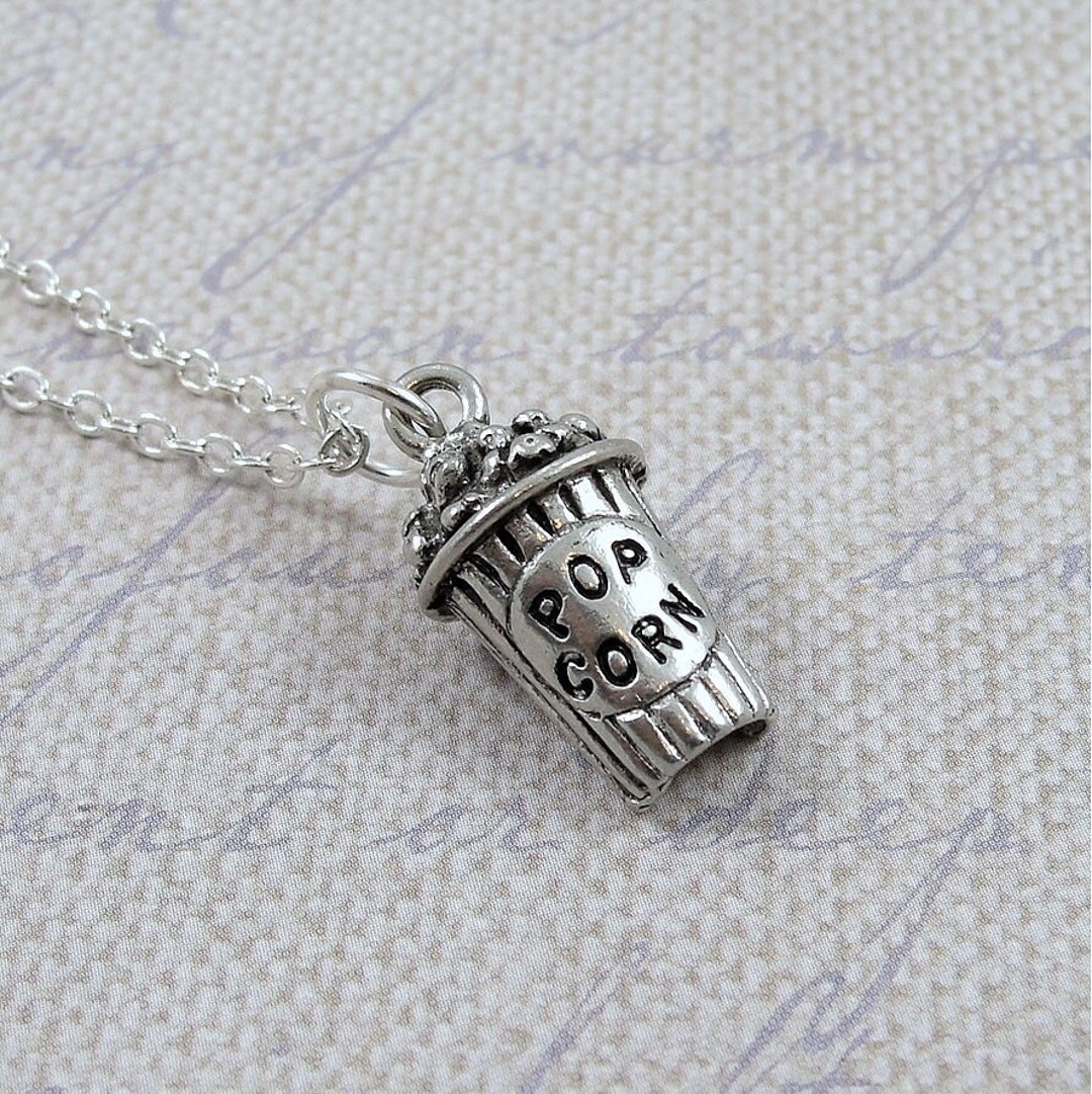 Movie Popcorn Necklace, Silver Plated Popcorn Charm Necklace, Movie ...