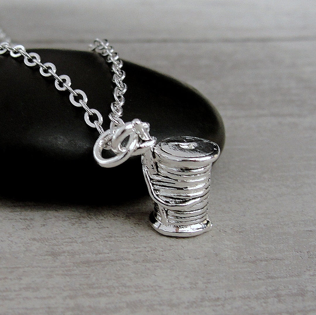 Sewing Necklace, Silver Plated Spool of Thread Charm Necklace, Spool of ...