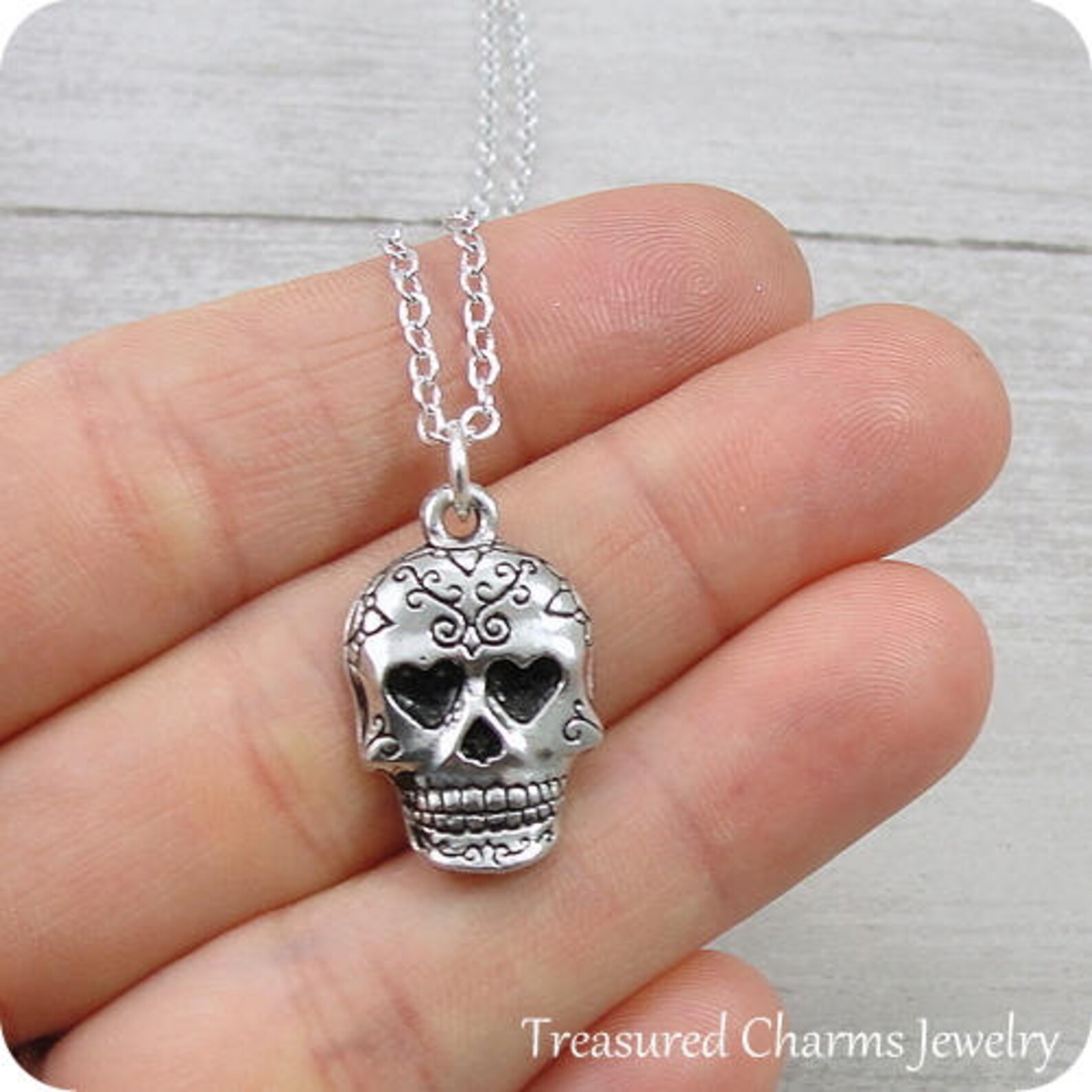 Sugar Skull Necklace Silver Sugar Skull Charm on a Silver - Etsy