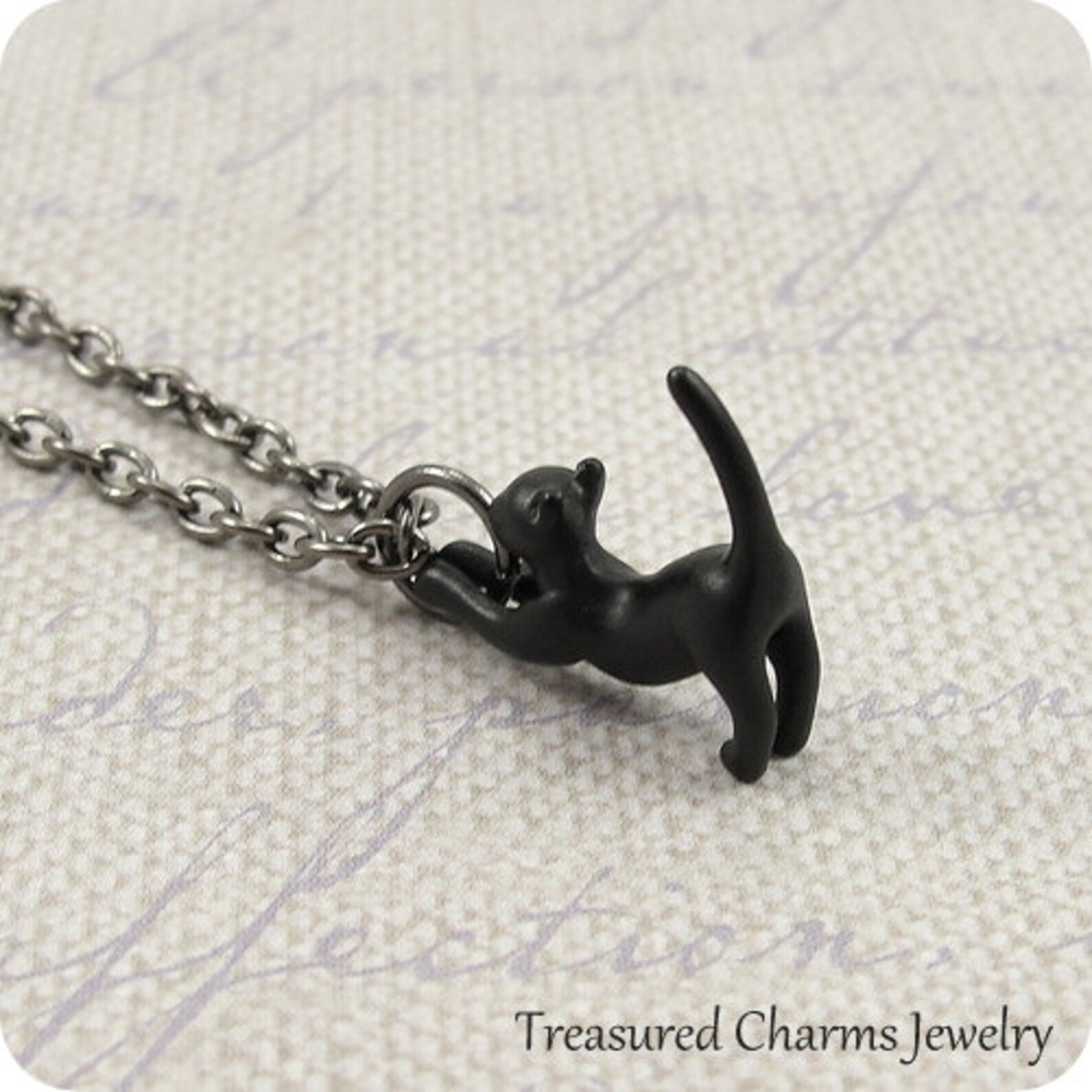 Black Cat Necklace Gunmetal Black Cat Charm on a Black - Etsy