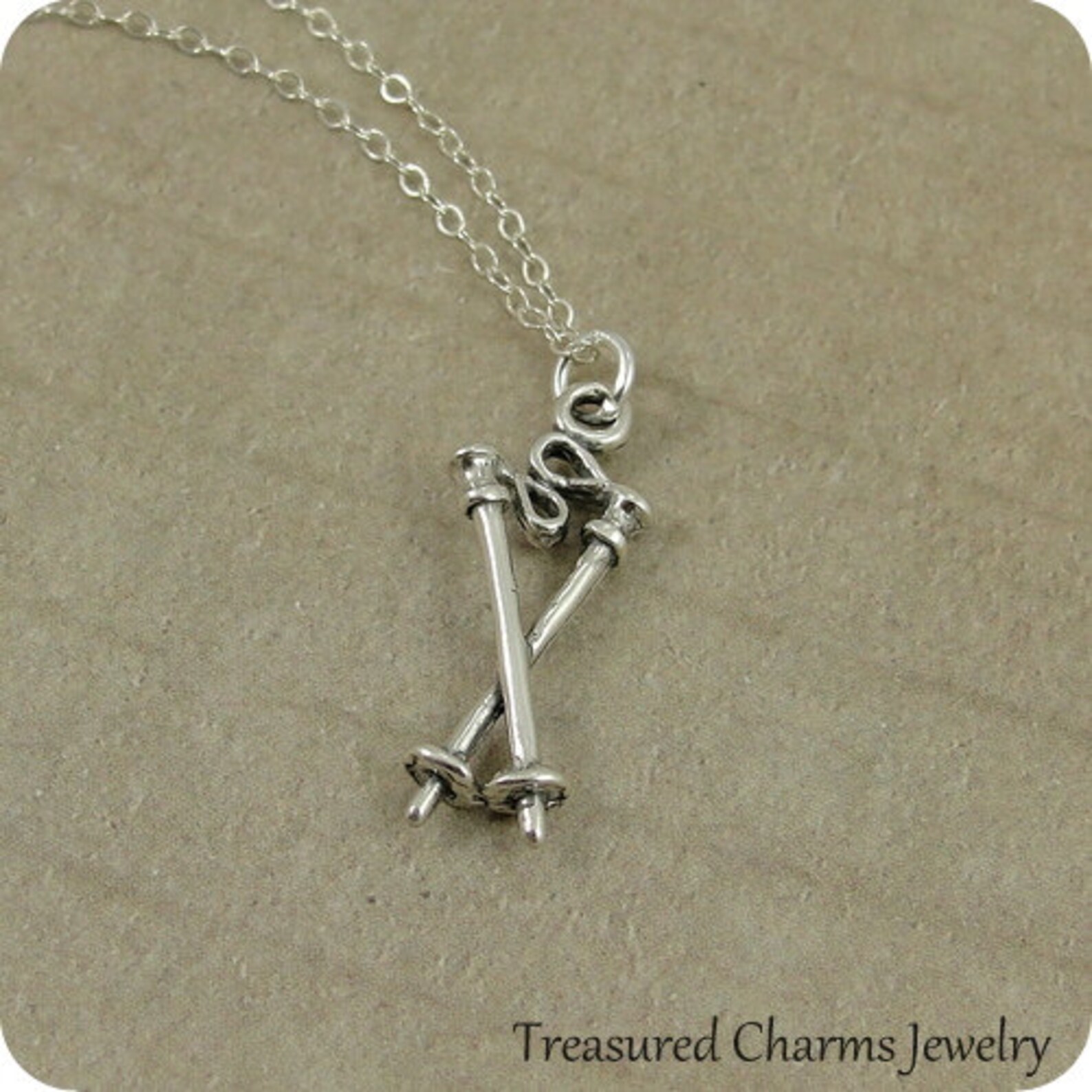 Ski Poles Necklace, Sterling Silver Ski Poles Charm on a Silver Cable ...