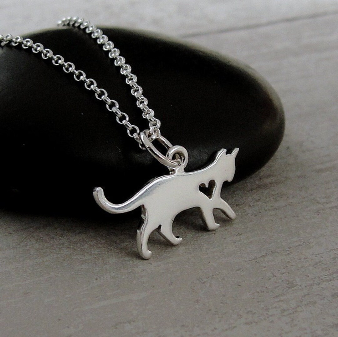 Cat Heart Necklace, Sterling Silver Cat Heart Charm on a Silver Cable ...