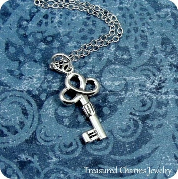 Tiny Lucky Key Necklace Sterling Silver Clover Key Charm on a | Etsy