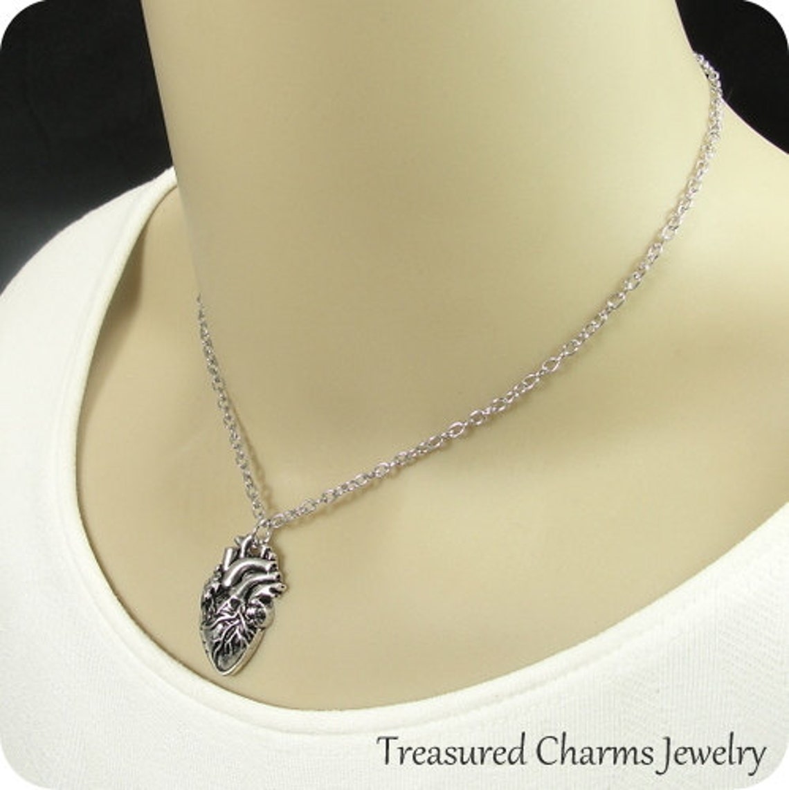 Human Heart Necklace, Silver Realistic Human Heart Charm on a Silver ...