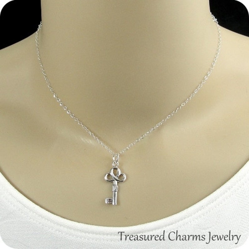 Tiny Lucky Key Necklace Sterling Silver Clover Key Charm on a | Etsy