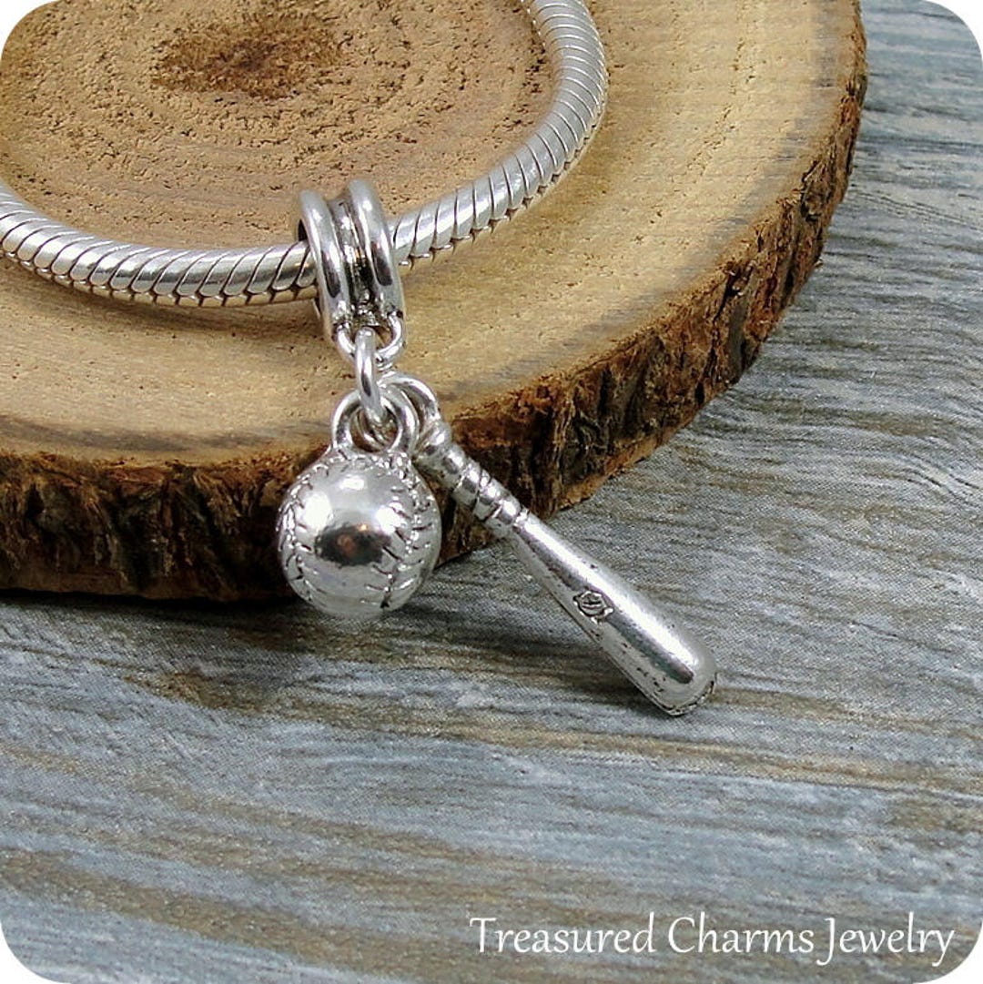 Baseball and Bat European Dangle Bead Charm Silver Plated Softball or ...