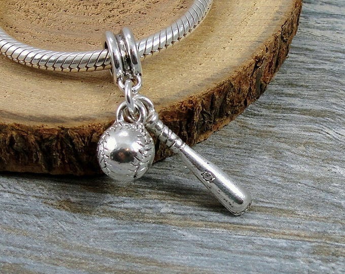 Baseball and Bat European Dangle Bead Charm Silver Plated Softball or ...