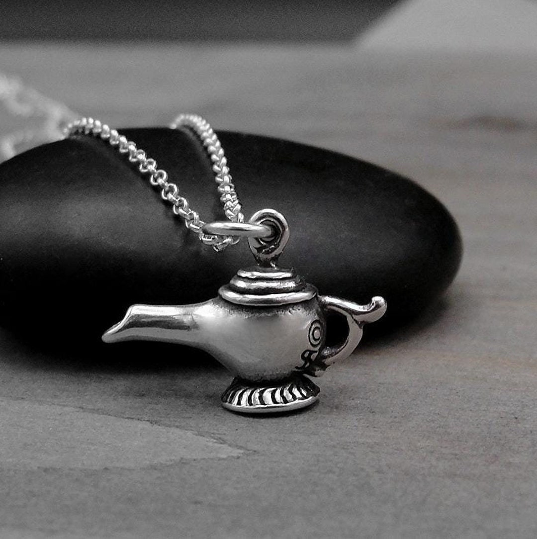 925 Sterling Silver 3D Genie Lamp Necklace, 3D Magical Lamp Charm ...