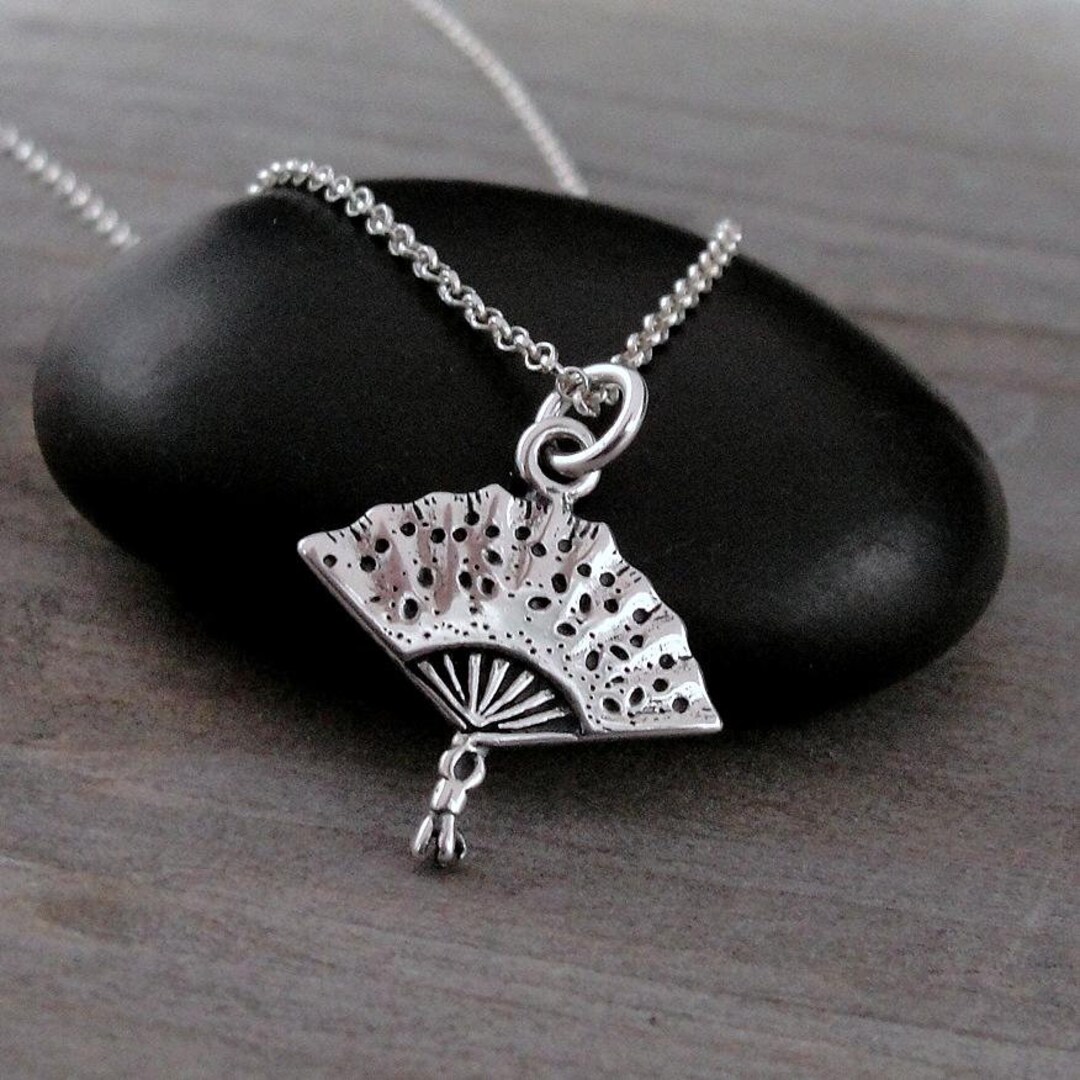 925 Sterling Silver Victorian Fan Necklace, Hand Fan Charm Necklace ...