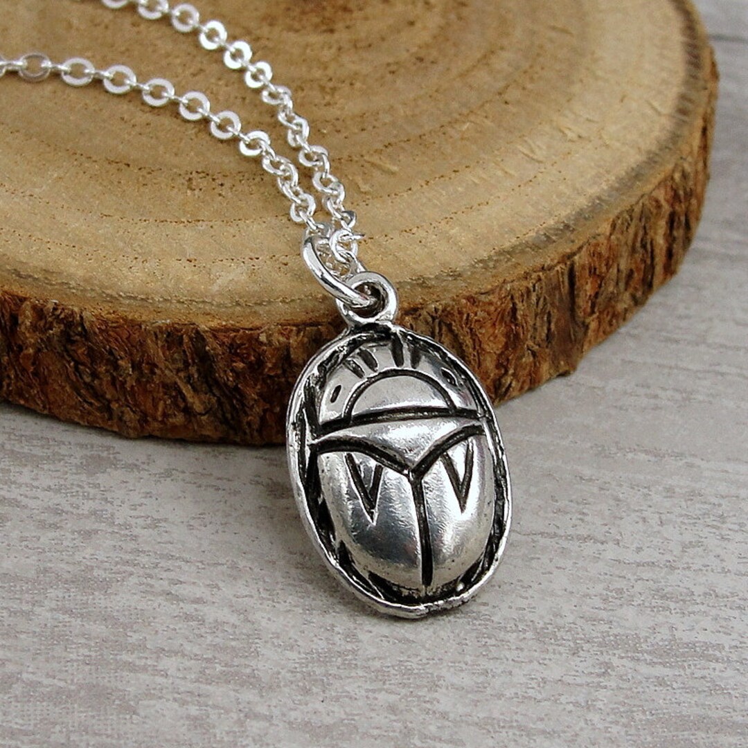 Scarab Necklace, Silver Plated Scarab Beetle Charm Necklace, Egyptian ...