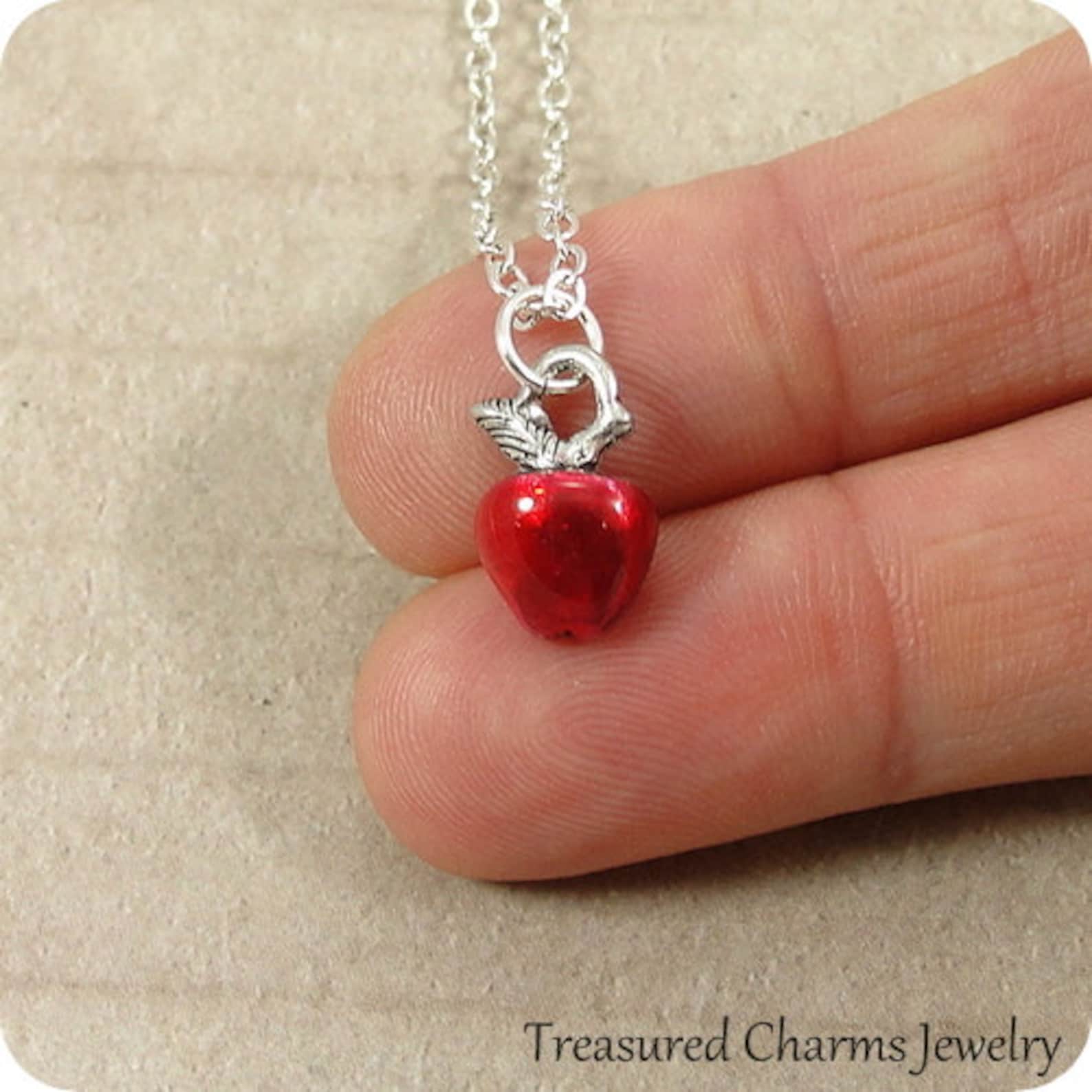 Tiny Red Apple Necklace Silver Plated Red Apple Charm on a - Etsy