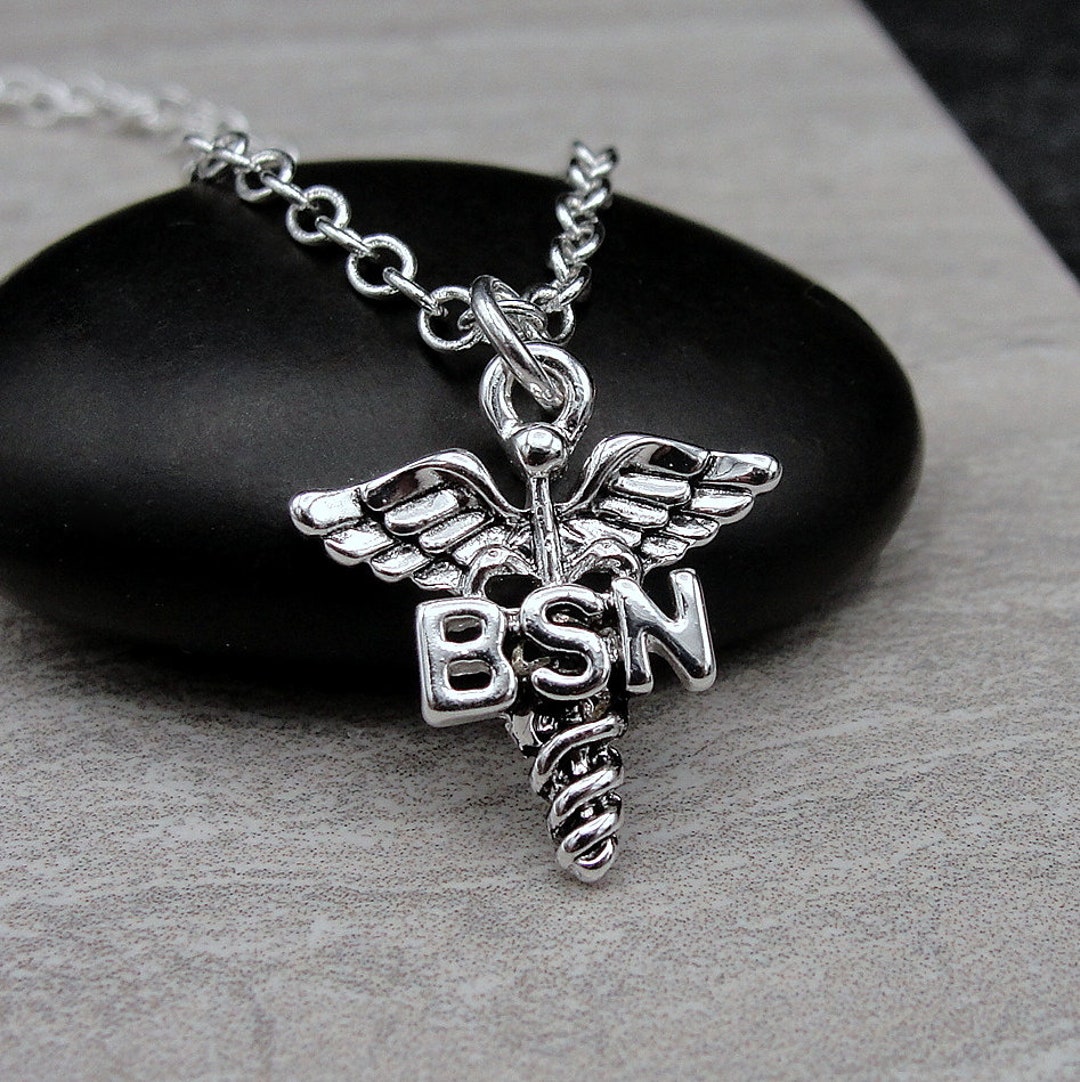 BSN Necklace, Silver BSN Nurse Charm Necklace, BSN Caduceus Symbol ...