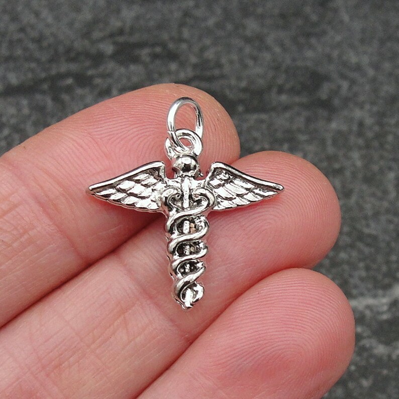 Medical Caduceus Charm, Silver Caduceus Symbol Charm for Necklace or ...