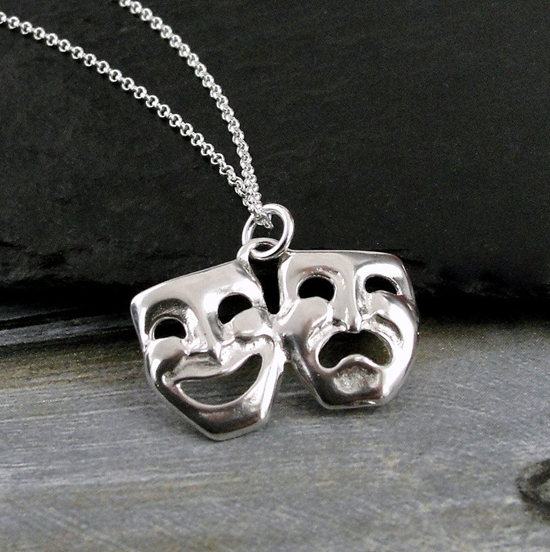 925 Sterling Silver Comedy Tragedy Mask Necklace, Theater Drama Mask ...