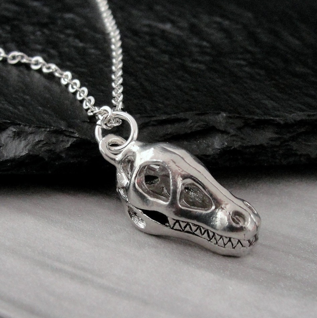 Dinosaur Skull Necklace, Silver 3D Dinosaur Fossil Charm Necklace ...