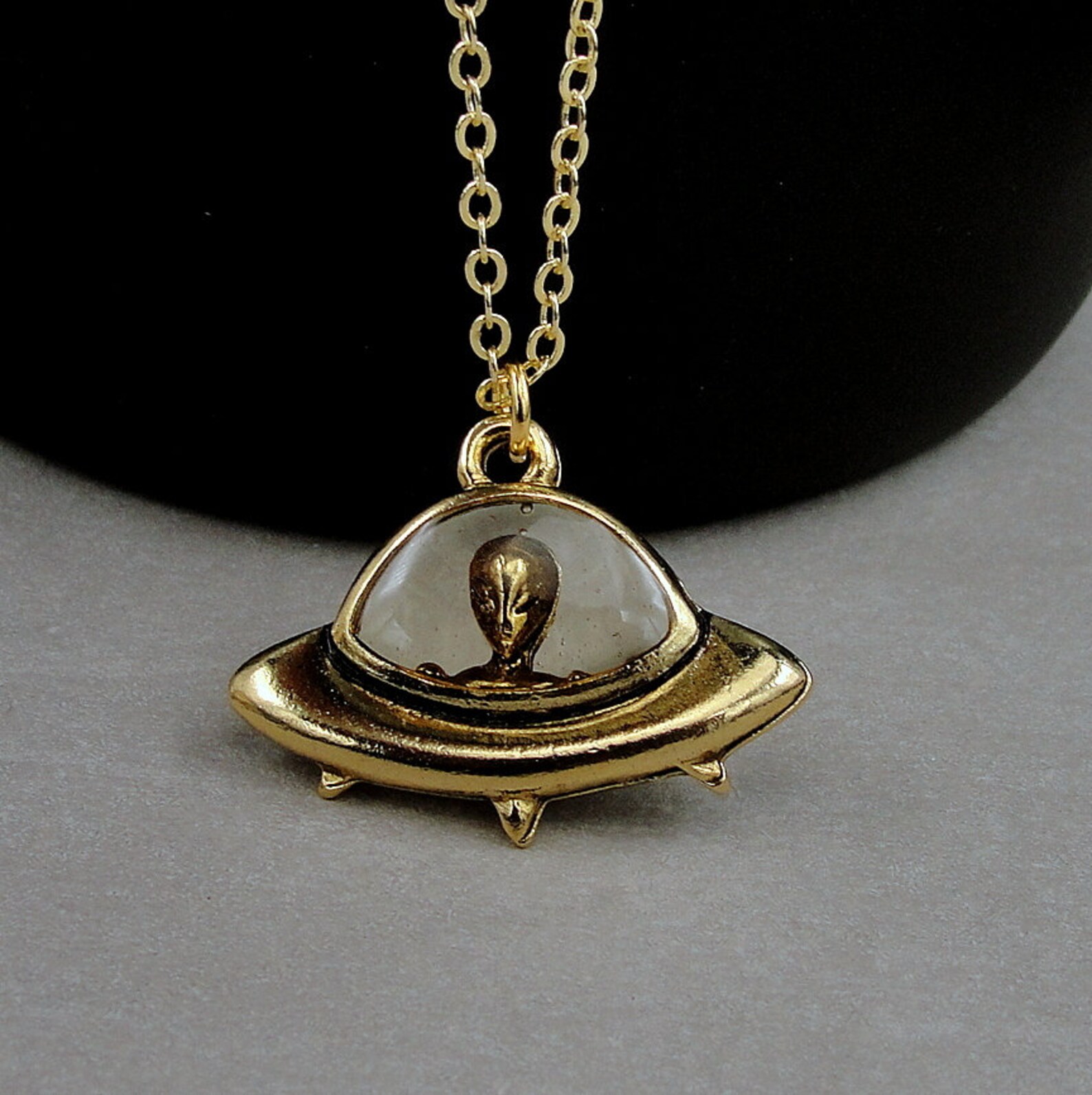 UFO Spaceship Alien Necklace, Gold UFO Charm Necklace, Gold Spaceship ...