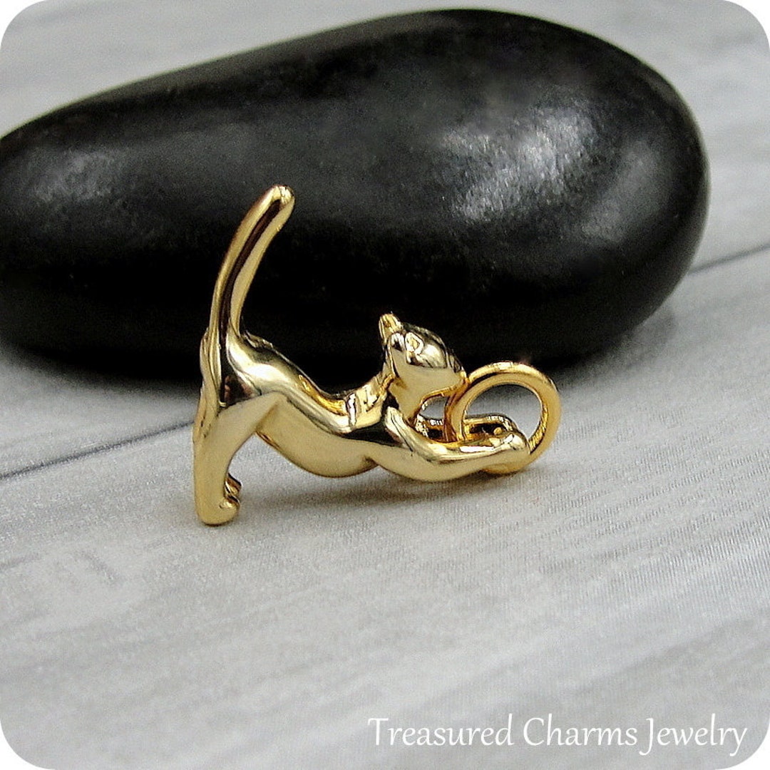 Gold Cat Charm, Stretching Cat Charm, Gold Cat Lady Charm, Crazy Cat ...