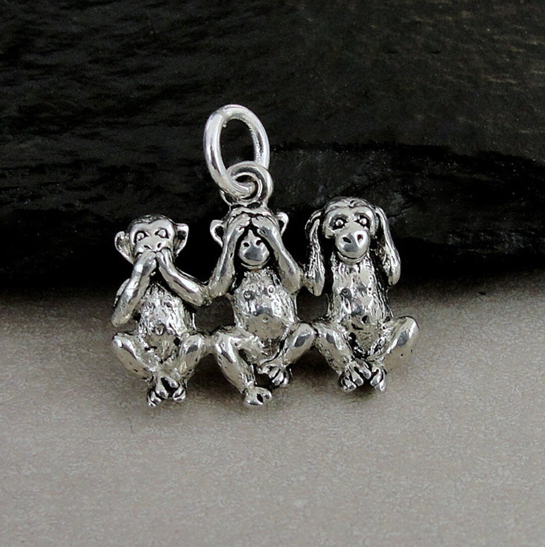 Three Wise Monkeys Charm, Silver No Evil Monkey Charm, See Hear Speak ...