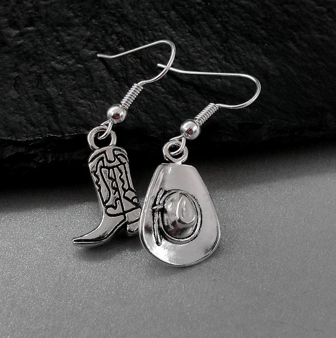 Silver Cowboy Earrings, Cowboy Boot Earrings, Cowboy Hat Earrings ...