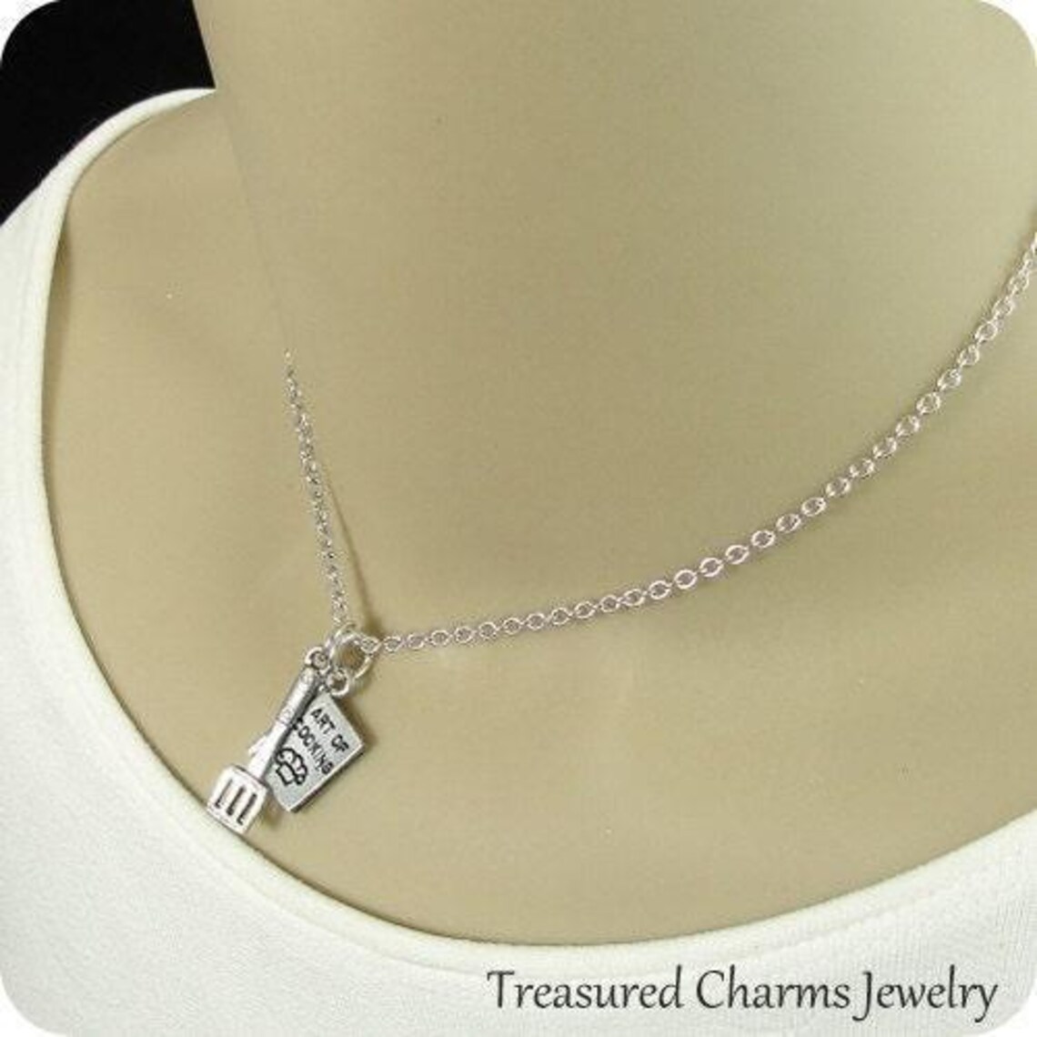 Bakers Cookbook and Spatula Necklace, Silver Plated Bakers Charm on a ...
