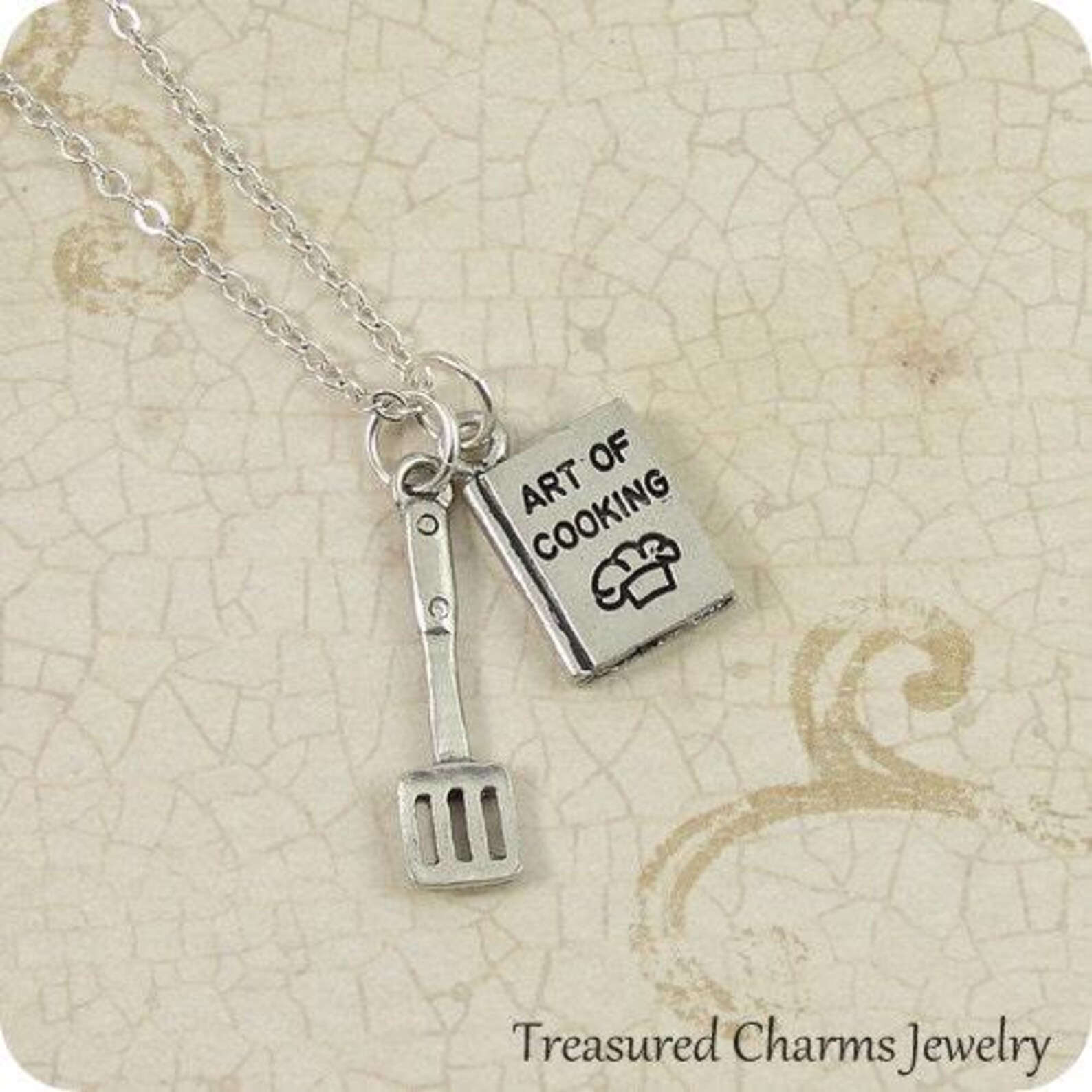 Bakers Cookbook and Spatula Necklace, Silver Plated Bakers Charm on a ...