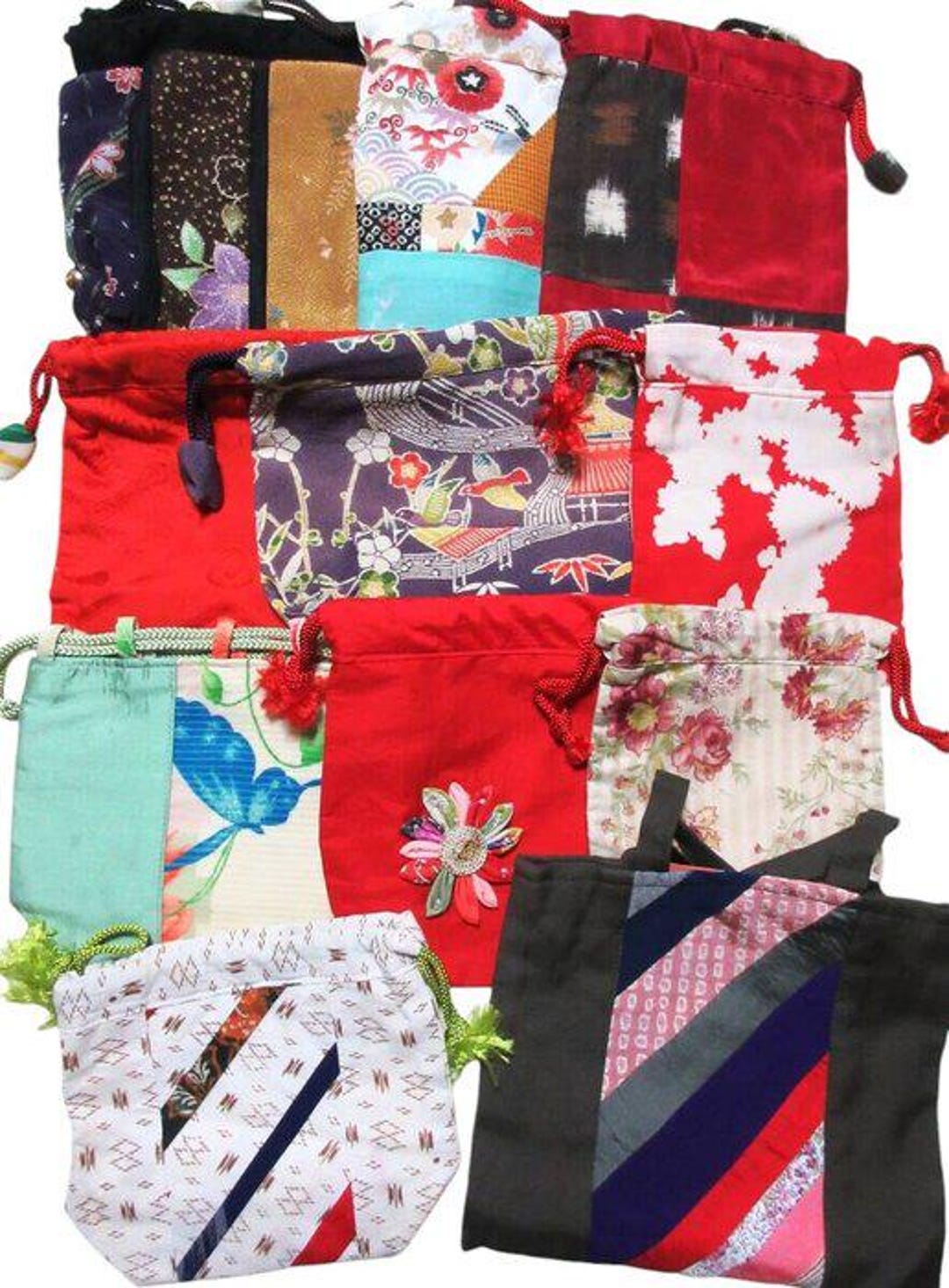Set of 11 Traditional Japanese Kinchaku Bags - Vintage Kimono Fabric ...