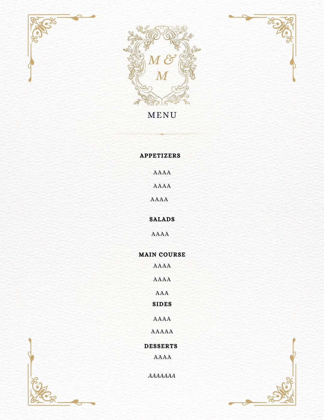 Menu, White and Gold Menu, Menu Template - Etsy