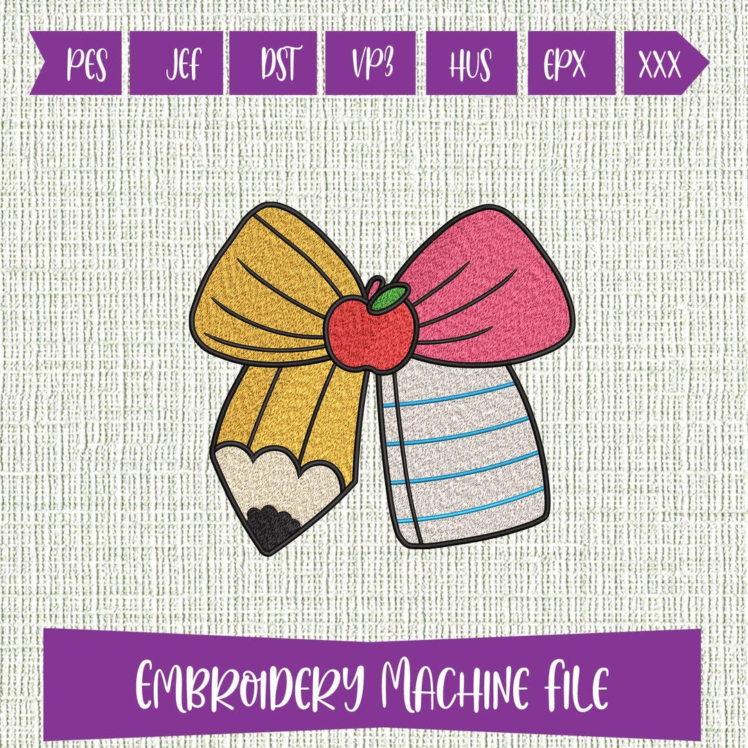 Back to School Bow Embroidery, Pencil Apple Notebook Design, Teacher ...