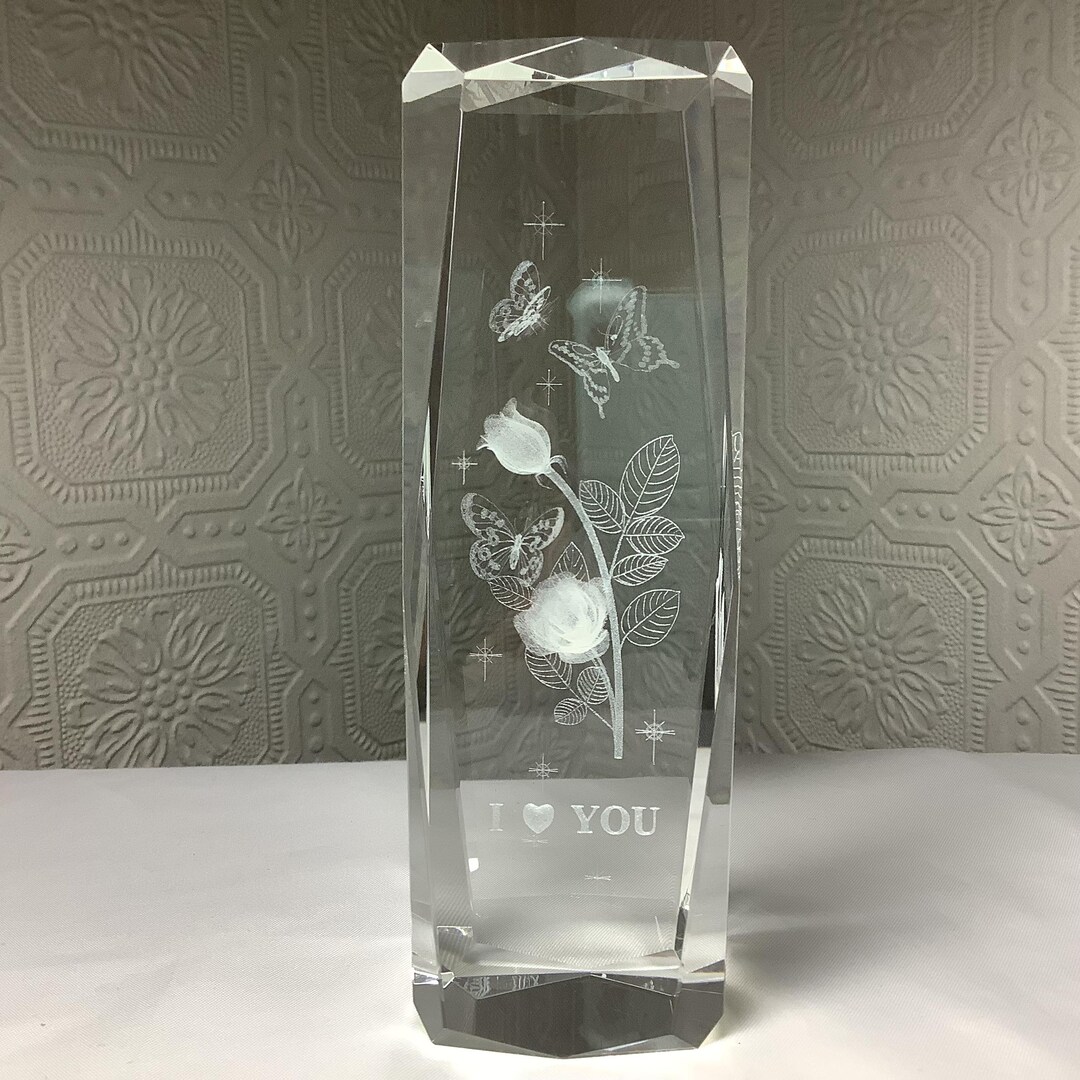 Vintage Crystal Paperweight, 6” Flowers Butterflies 3D Etched Glass ...