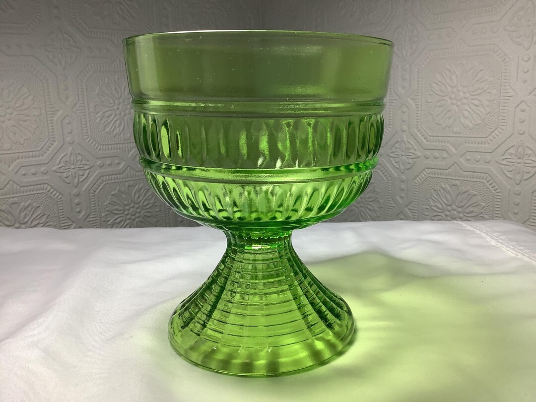 Depression Glass Vintage Green Glass Compote, Mid Century Pedestal ...