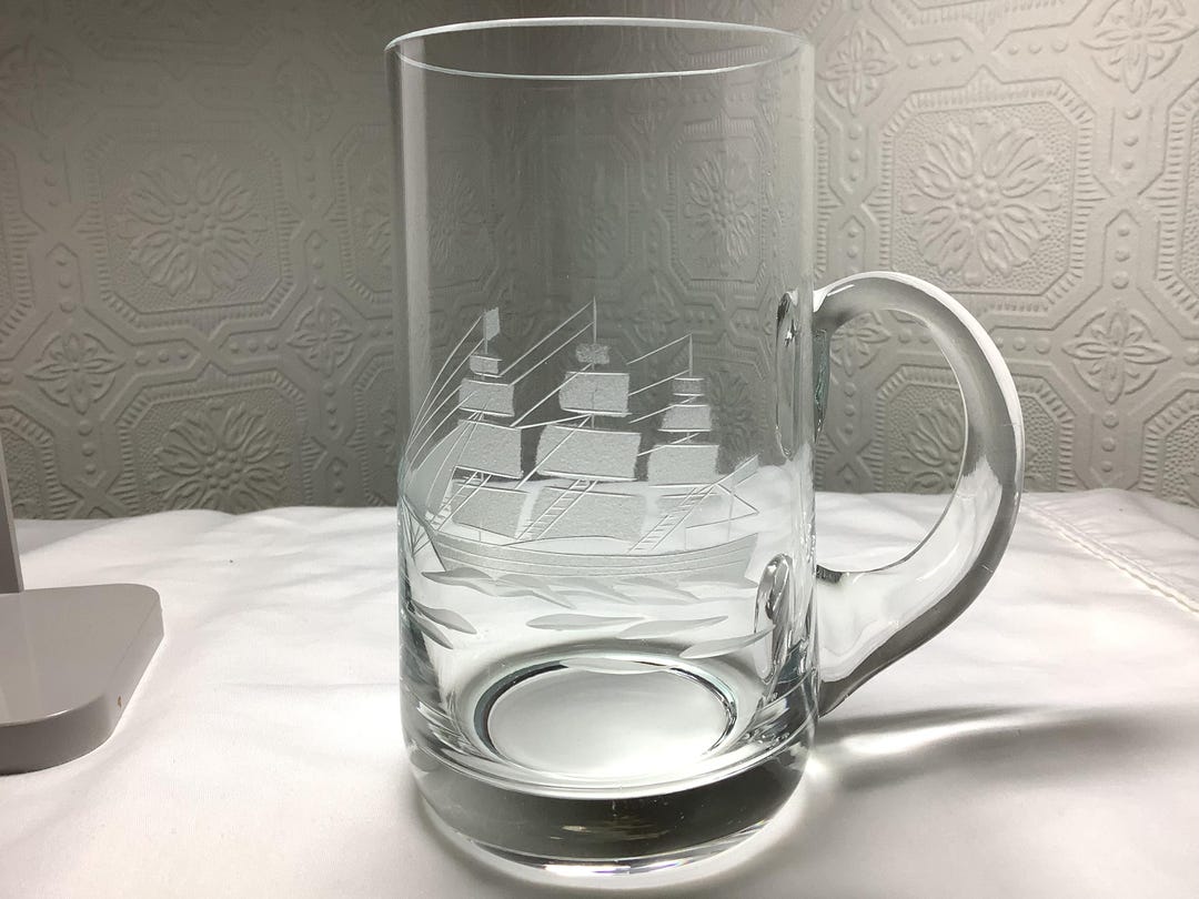 Vintage Beer Stein Etched Glass Clipper, Sailboat on Water Beer Mug ...