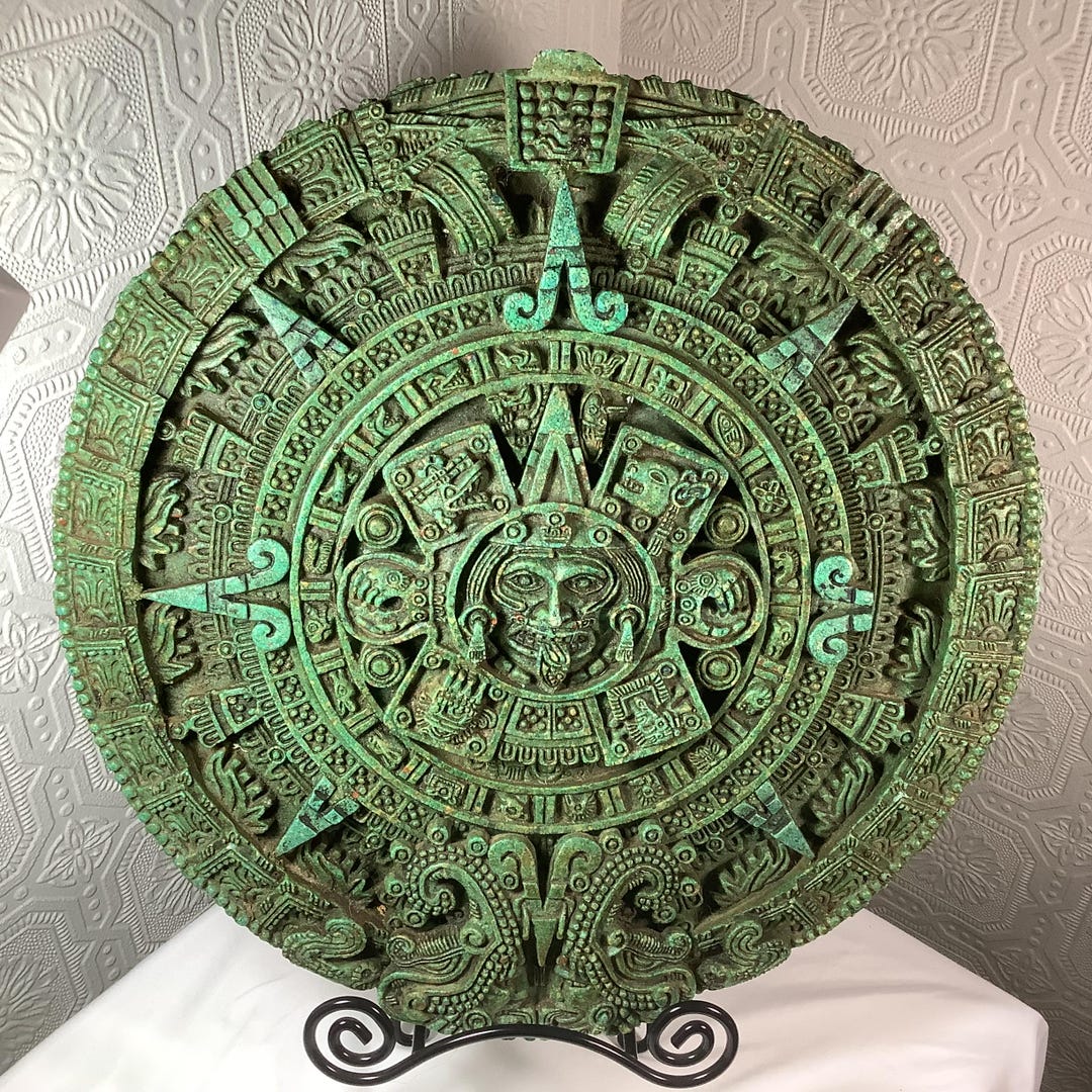 Aztec Sun Stone, Mayan Calendar Wall Art, 14” Malachite Calendar Plaque ...