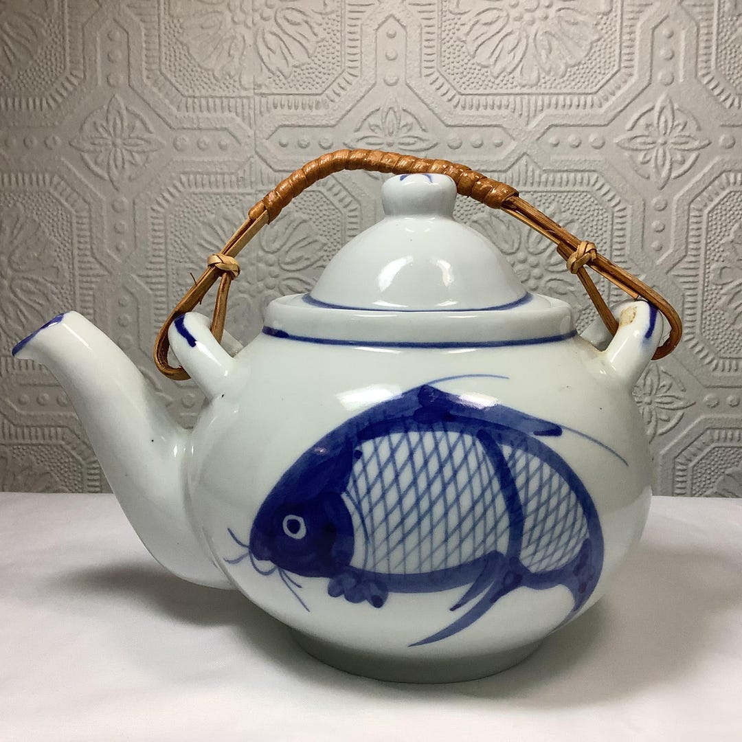 Vintage Koi Fish Tea Pot With Rattan Handle Chinoiserie Blue & White ...