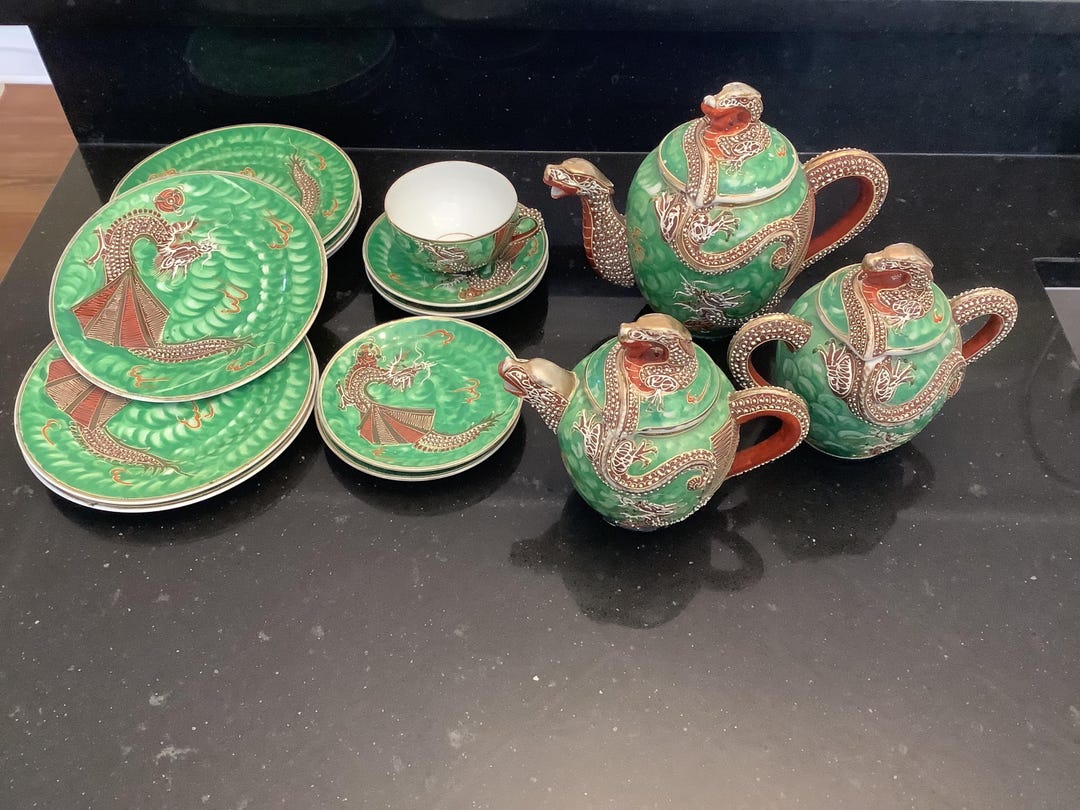 Japanese Dragonware Tea Set Green Porcelain Rare Collectable Geisha ...