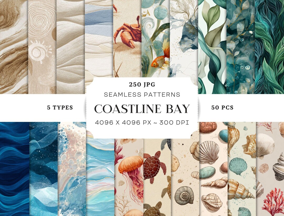 Coastline Bay Seamless Patterns, 250 JPG, Sea Life, Shells, Sand, Waves ...