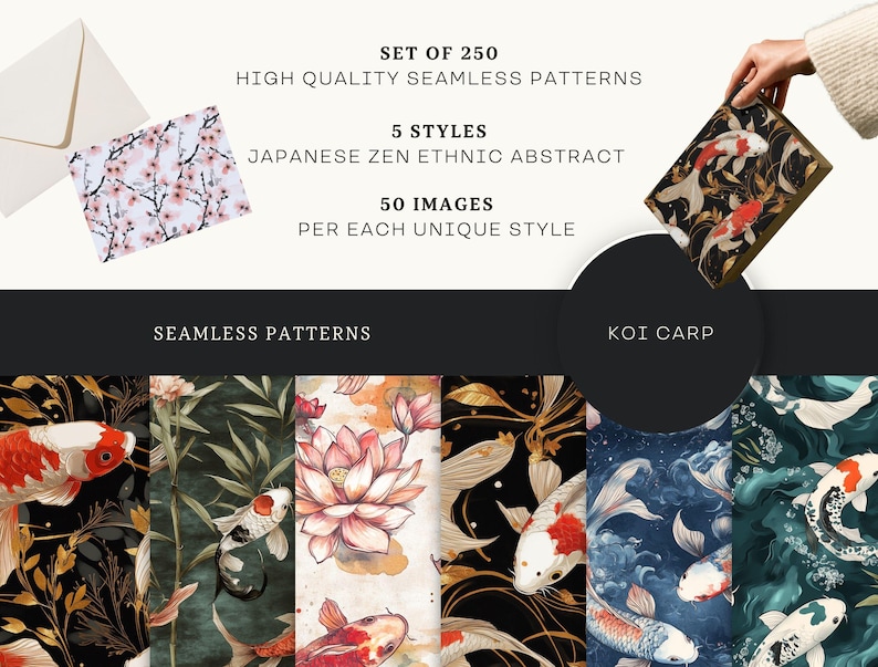Japanese Style Seamless Patterns, 250 JPG, Koi Fish, Sakura Blossom ...