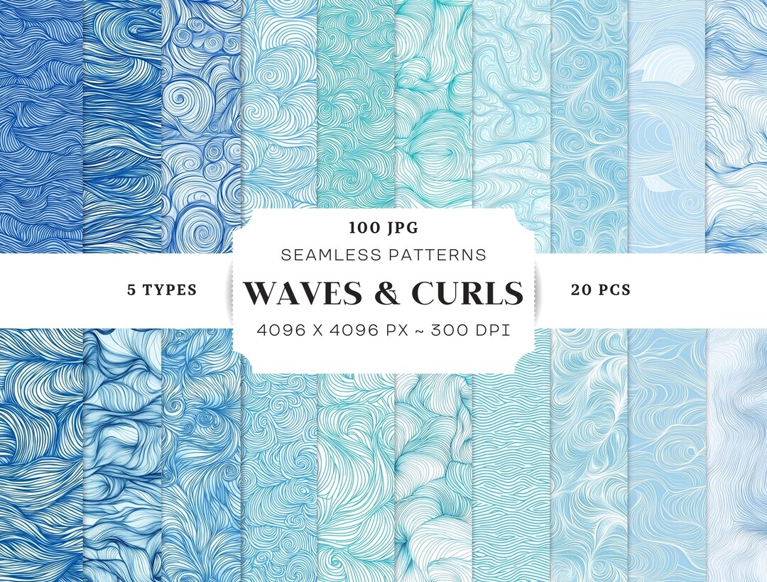 Abstract Waves & Curls Seamless Patterns, 100 JPG, Fluid Water Flow ...