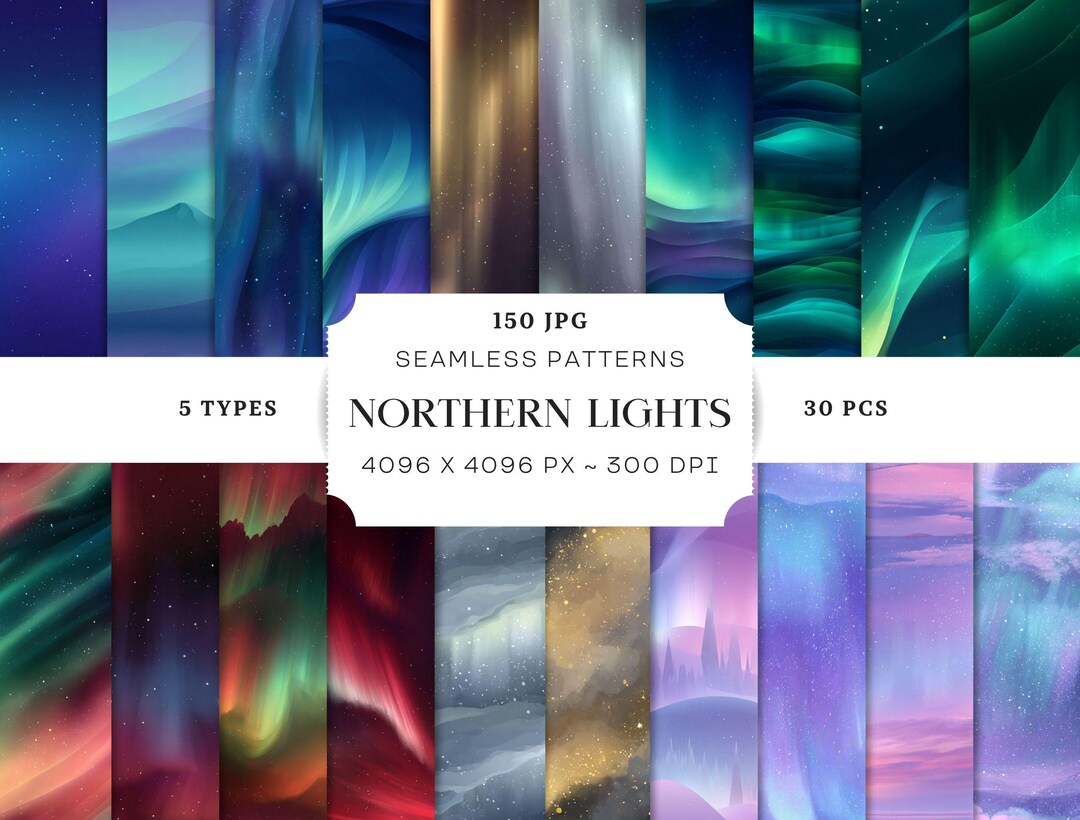 Northern Lights Seamless Patterns, 150 JPG, Abstract Aurora Polar Night ...