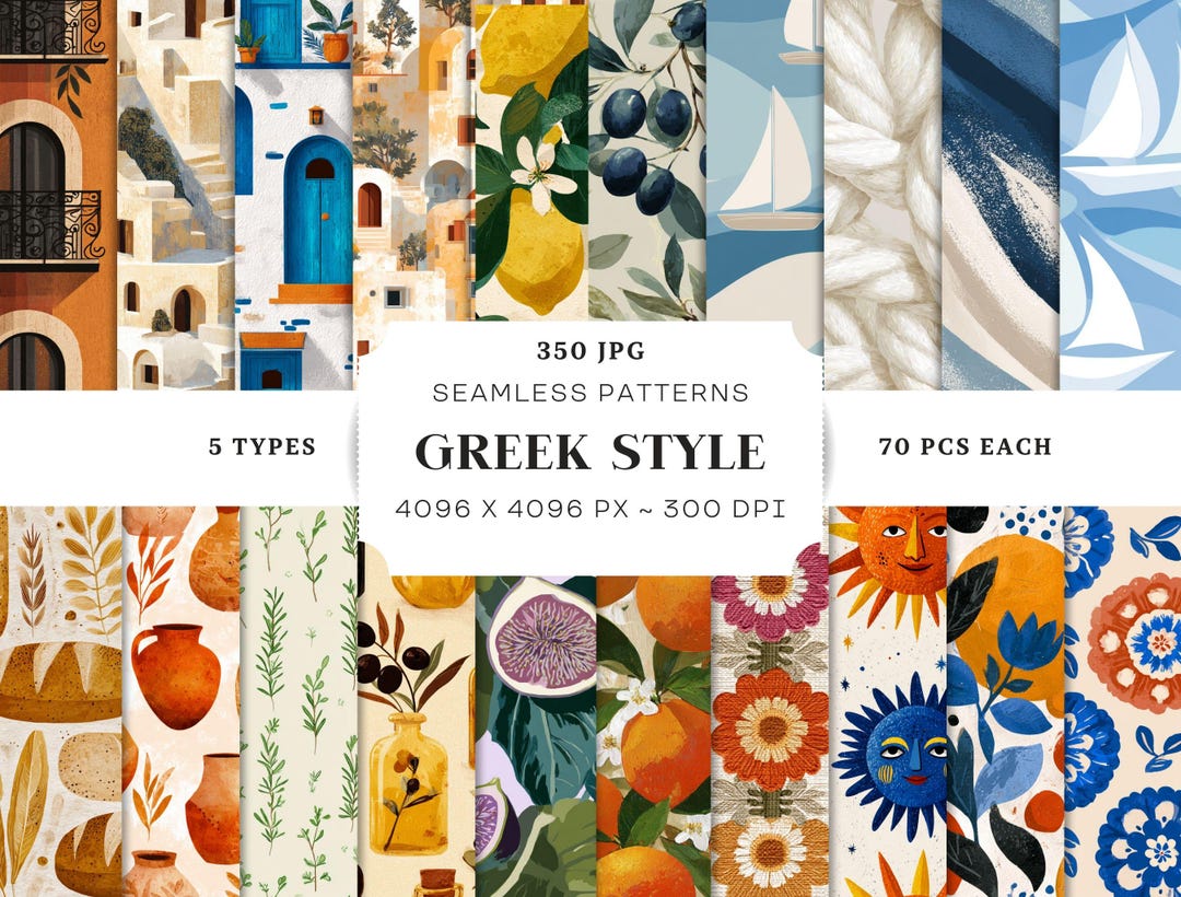 Greek Mediterranean Seamless Patterns, 350 JPG, Summer Citrus ...