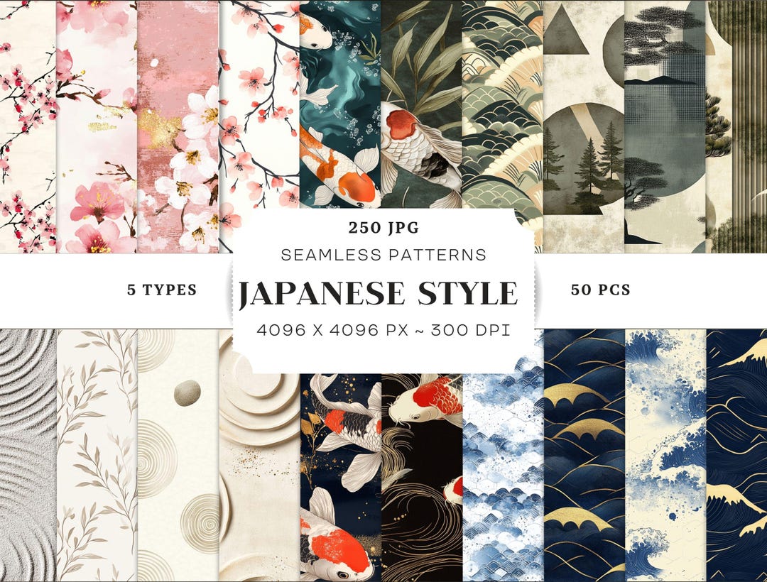 Japanese Style Seamless Patterns, 250 JPG, Koi Fish, Sakura Blossom ...