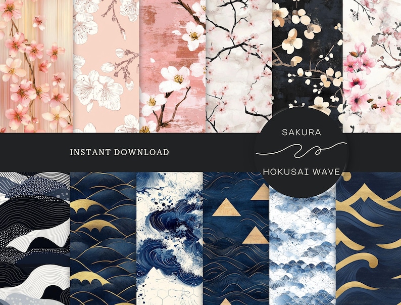 Japanese Style Seamless Patterns, 250 JPG, Koi Fish, Sakura Blossom ...