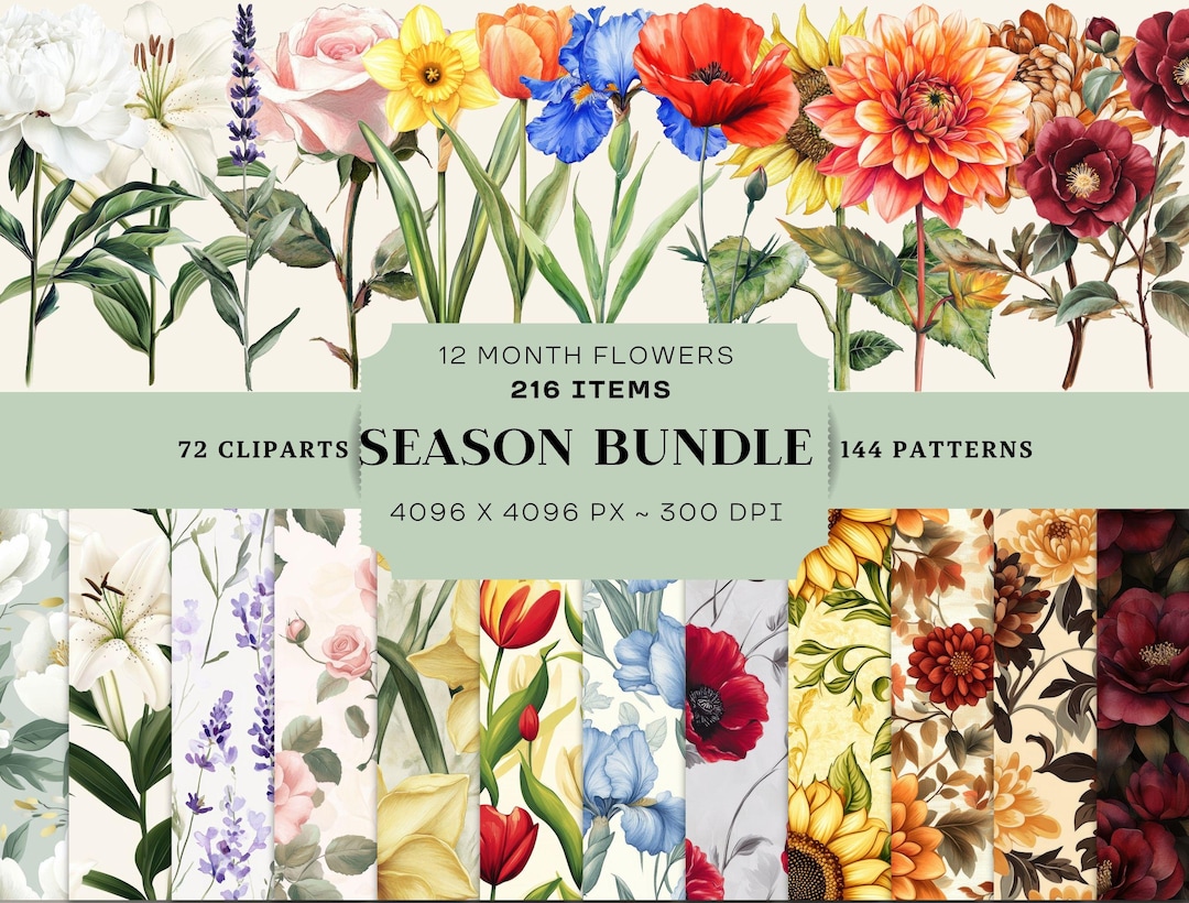 Four Season Floral Bundle, 144 JPG Pattern, and 72 Clipart PNG ...