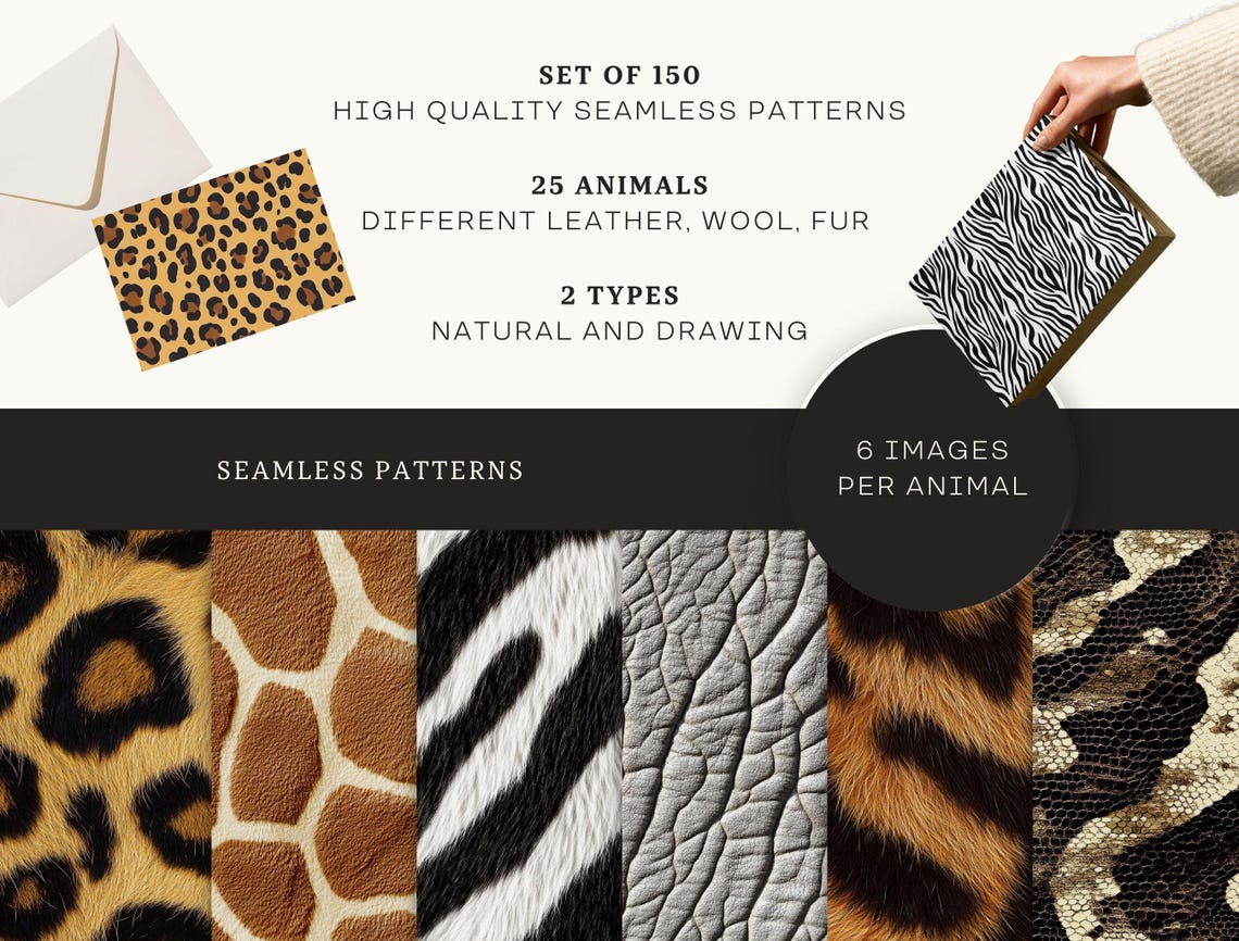 Animal Skin, Fur, Wool, Seamless Patterns, 150 JPG, Natural and Draw ...