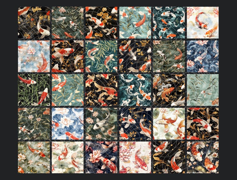 Japanese Style Seamless Patterns, 250 JPG, Koi Fish, Sakura Blossom ...