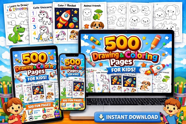 500 Drawing & Coloring Pages for Kids (printable Art Worksheets) - Etsy